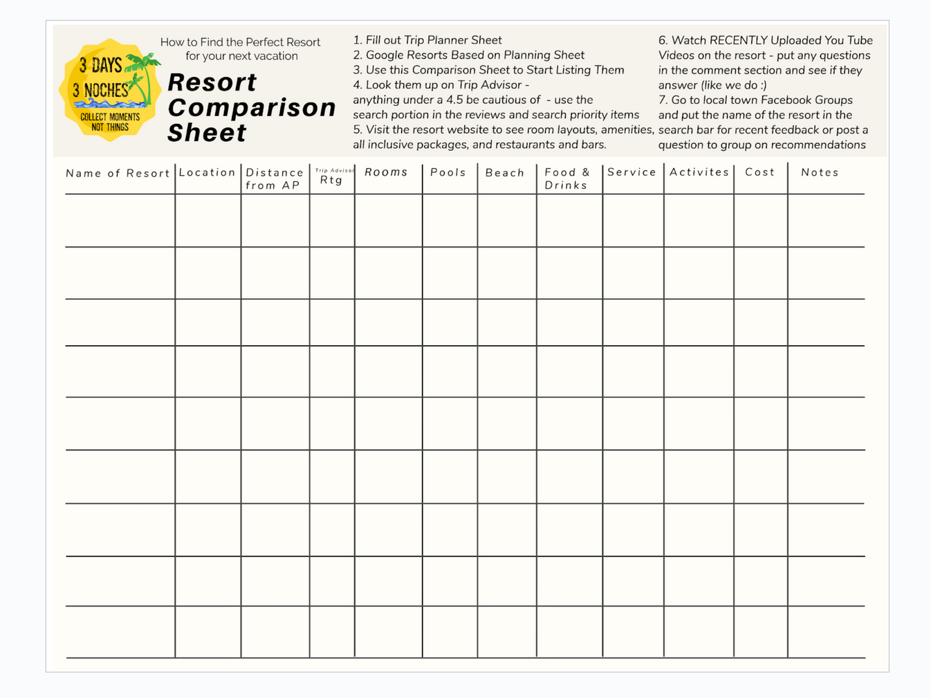 Resort Comparison Worksheet - FREE – 3 Days 3 Noches